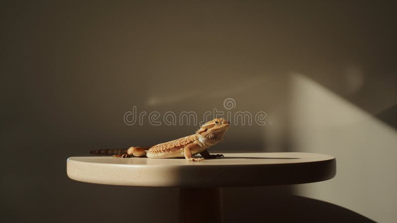 A Brown Lizard Stands on a Circular Wooden Table Stock Illustration ...