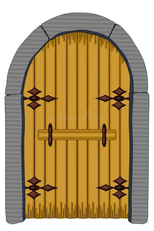 A Brown Medieval Wooden Door in a Round Stone Arch Stock Illustration ...