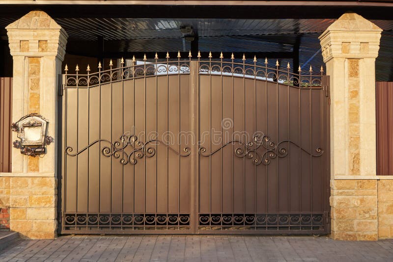 Brown Metal Forged Gate for Car Entry Stock Image - Image of design ...