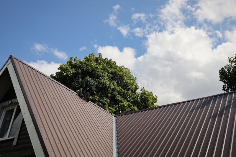 Brown Metallic Roof of House Under the Spring Tree Against Blue Sky ...