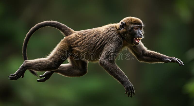 A Brown Monkey is Captured in Mid-leap with Its Limbs Extended and ...