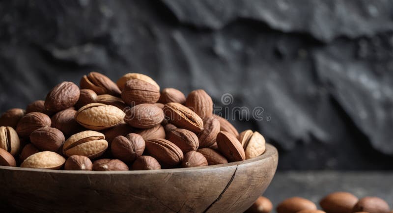 Brown Nuts in Rustic Wooden Bowl on Dark Textured Background Stock ...