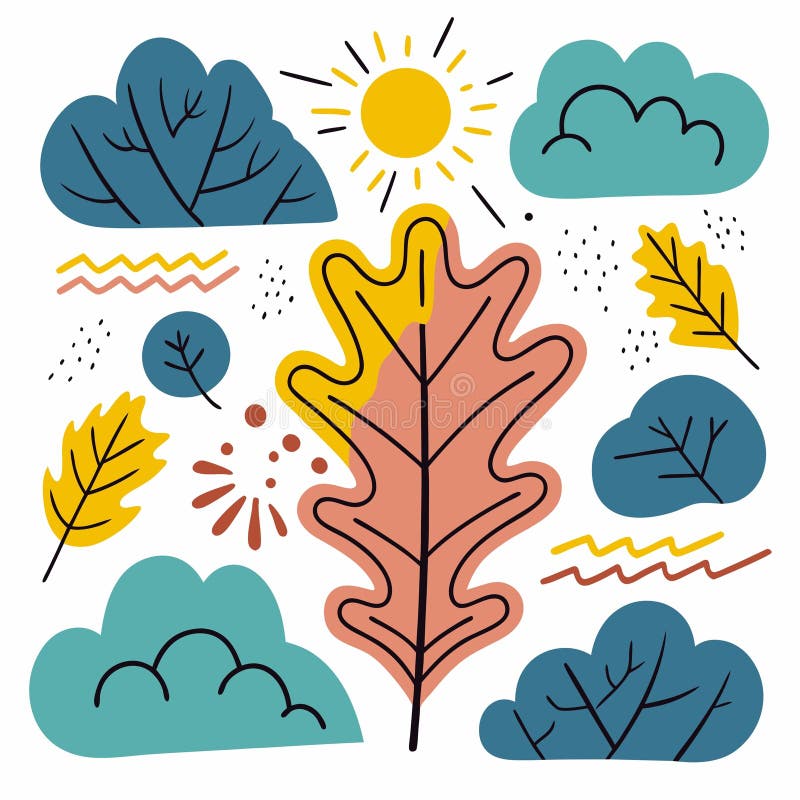 Brown Oak Leaf and Sunny Weather with Clouds and Abstract Elements ...