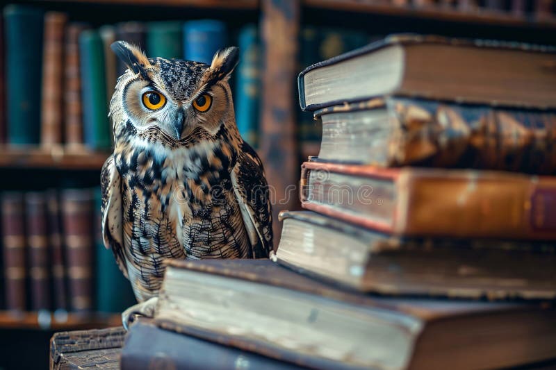 Brown Owl Sitting on the Stack of Books in Library Stock Illustration ...