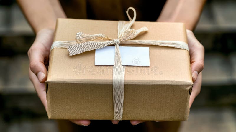 A Brown Package with Tape and Label is Being Held by Hands in a Close ...