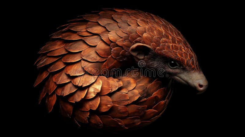 Brown Pangolin Curled in Defensive Posture Against Black Background ...