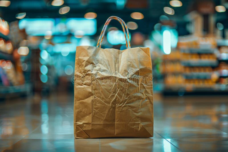Brown Paper Bag Standing on Floor in Supermarket Stock Photo - Image of ...