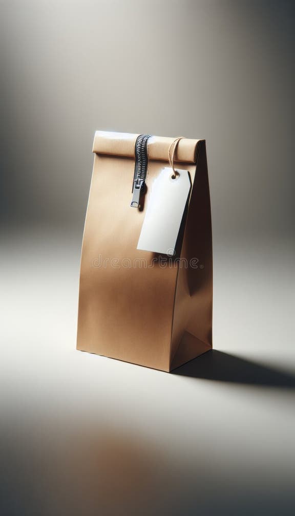 Brown Paper Bag with Tag and Zip Closure Stock Image - Image of ...
