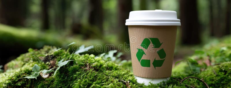 Brown Paper Coffee Cup with Recycling Symbol Surrounded by Lush ...