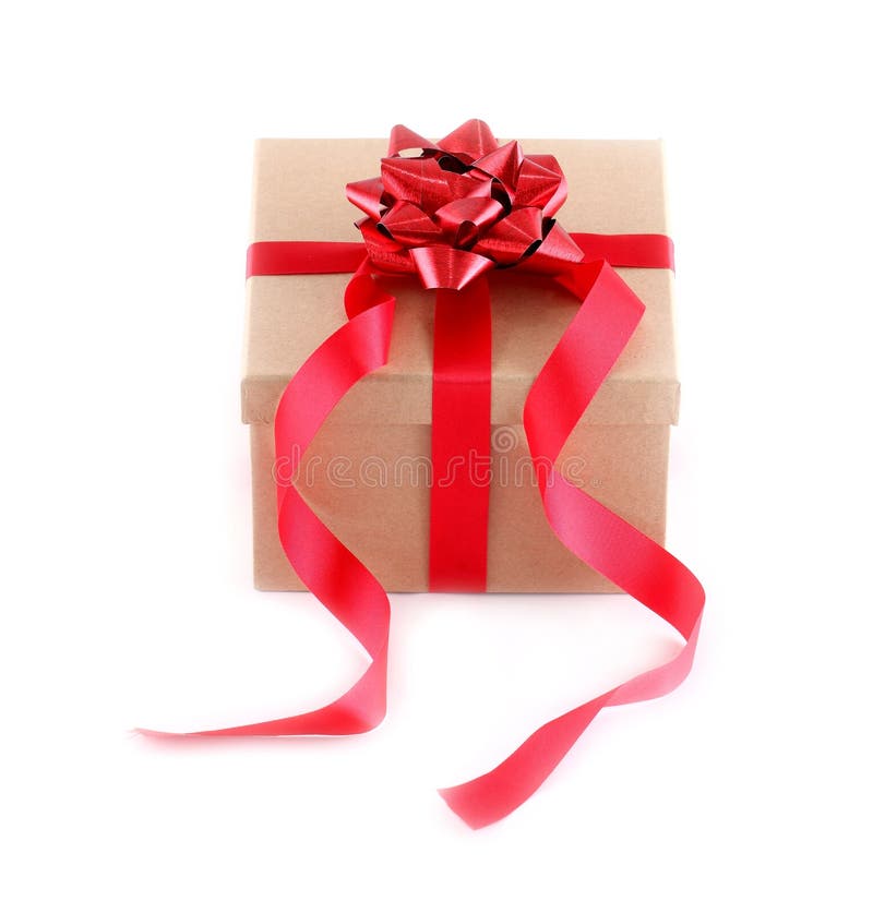 Brown Paper Gift Box with Red Ribbon Bow, Isolated on White Stock Photo ...