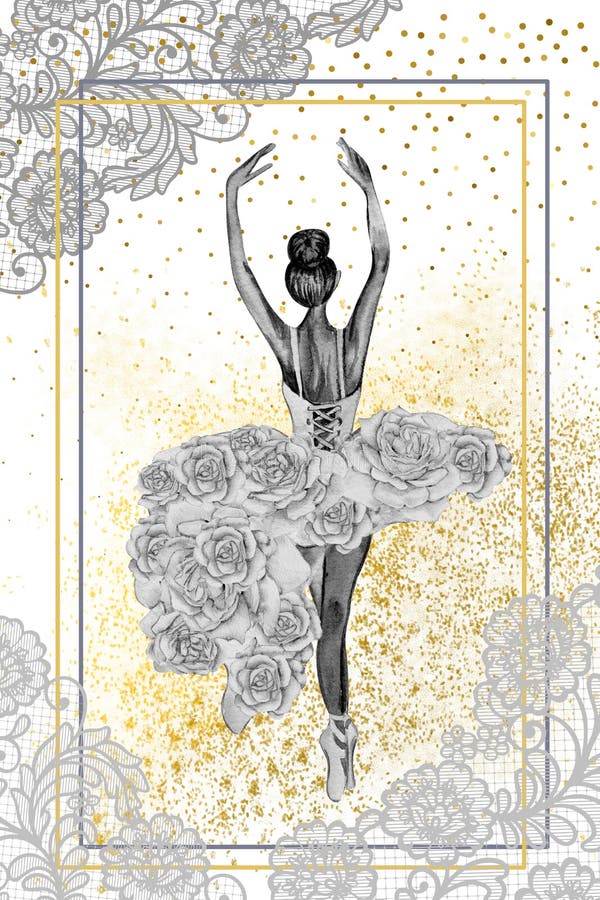 Hand Drawn Watercolor Card Template Dancing Ballerina with Flower and ...