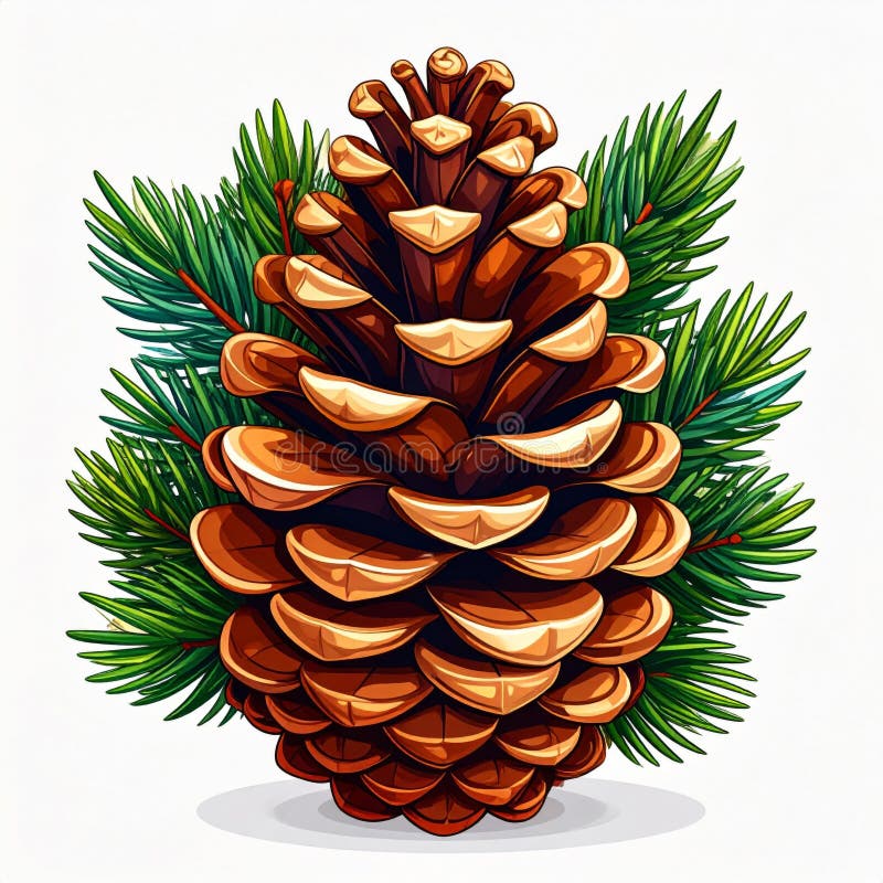 Brown Pine Cone with Green Branches on White Stock Illustration - Illustration of white, artwork ...