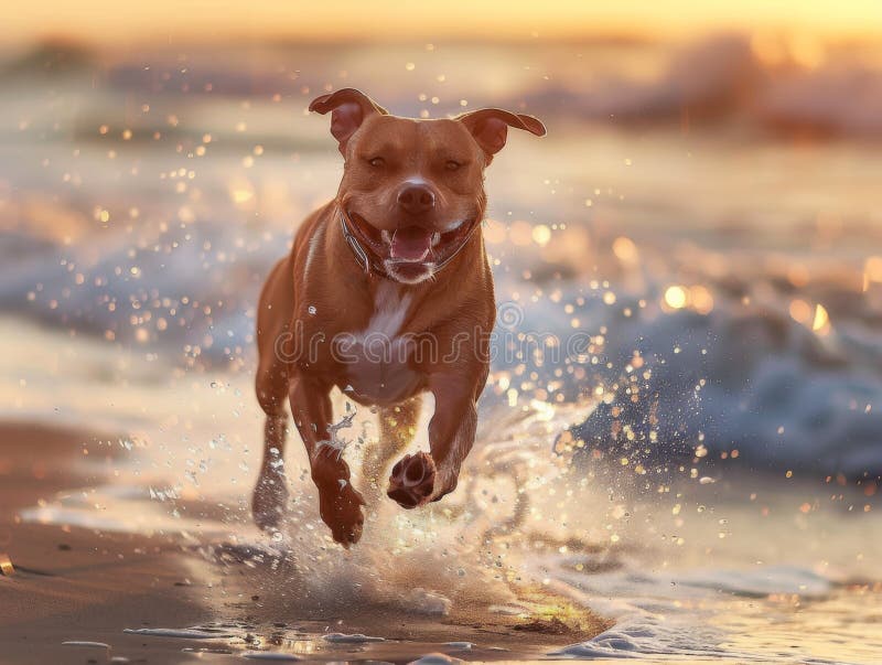 Brown Pit Bull Running through Waves at Sunset Stock Image - Image of ...