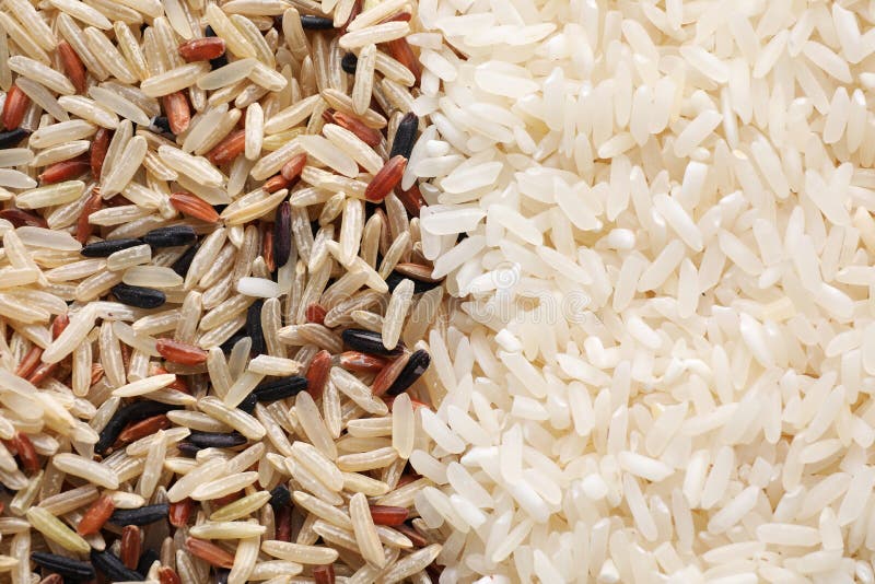 Mix of Brown and Polished Rice on White, Top View Stock Image - Image ...