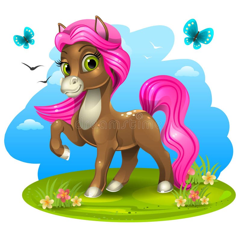 Brown pony with pink tail editorial stock photo. Illustration of ...
