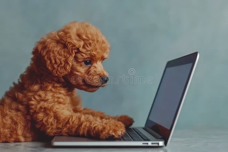 The Brown Poodle, Being Smart, is Using a Laptop Computer for Typing ...