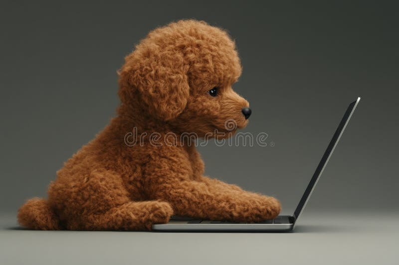 Brown Poodle Dog that is Smart is Typing Away and Reading on Its Laptop ...