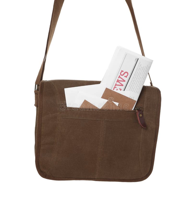 Brown Postman Bag with Mails and Newspaper on White Background Stock ...