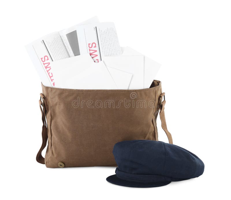 Brown Postman Bag with Mails, Newspapers and Hat on White Background ...