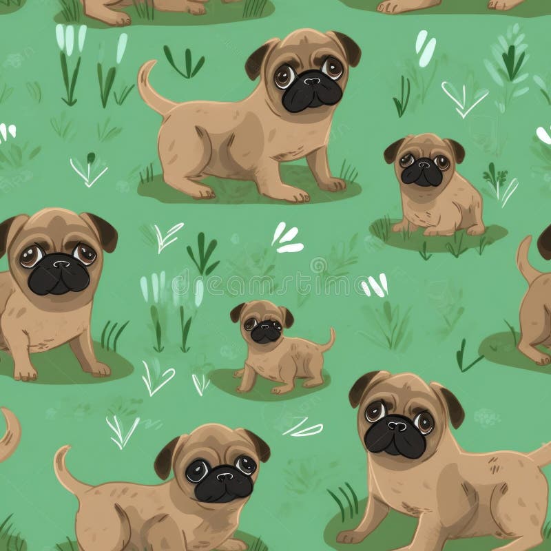Brown Puppy Pug on the Green Background. Seamless Pattern Stock ...