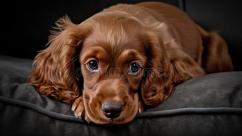 Red Cocker Spaniel Puppy Relaxing on Black Couch Stock Image - Image of ...