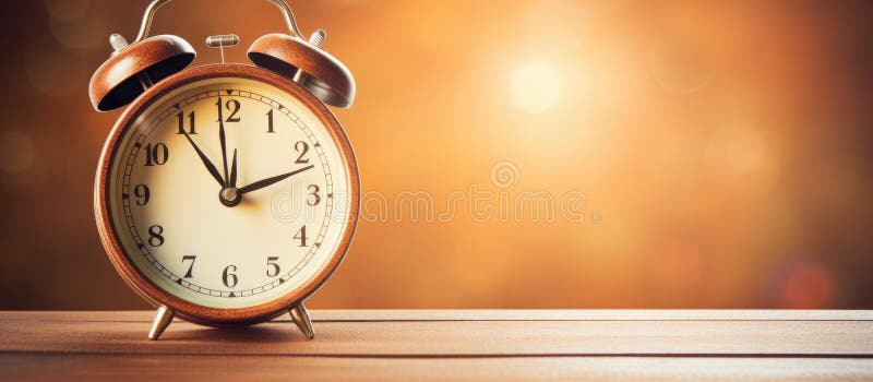 Brown Quartz Clock on Wooden Table, Font in Amber Shades Stock ...