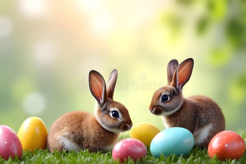 Brown Rabbit and Beautifully Colored Eggs at Easter in the Meadow Stock ...