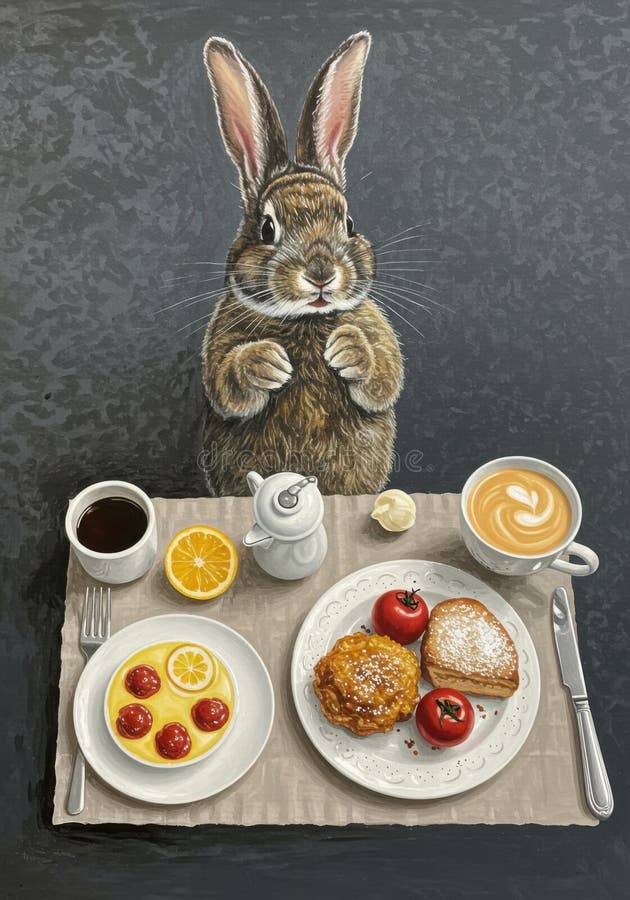 Brown Rabbit at Breakfast Table with Coffee and Pastries Stock ...