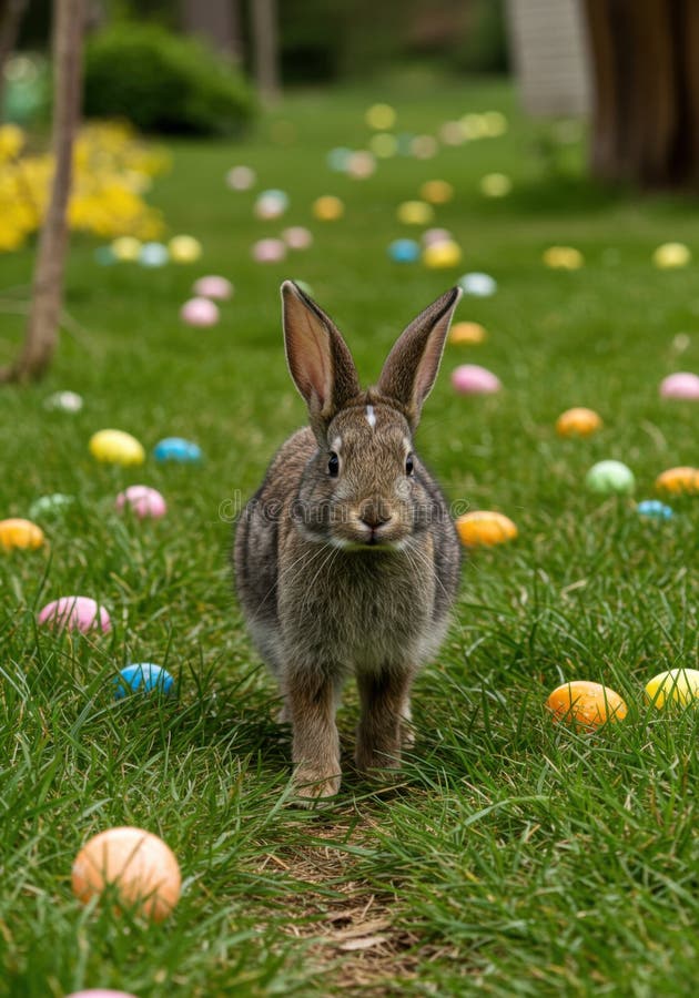 Brown Rabbit among Colorful Easter Eggs on Green Grass Stock ...