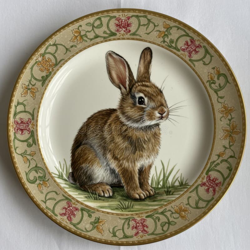 Brown Rabbit on Decorative Plate with Floral Border Stock Illustration ...