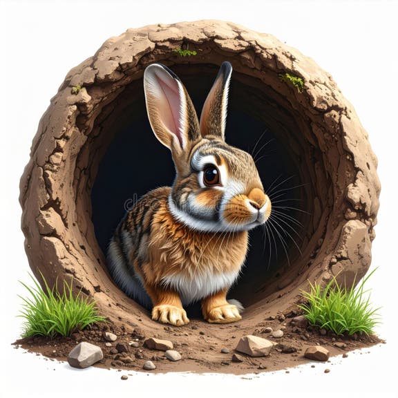 Brown Rabbit in Earth Burrow Stock Illustration - Illustration of grass ...