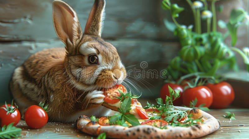 A Brown Rabbit Eats Pizza with Tomatoes and Basil Stock Illustration ...