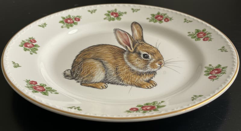 Brown Rabbit on a Floral Plate Stock Illustration - Illustration of ...