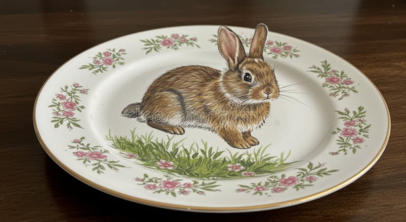 Brown Rabbit on Floral Plate Stock Illustration - Illustration of life ...