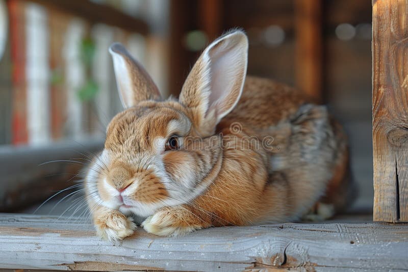 Closeup of a Brown Rabbit Resting on Wooden Platform Stock Image ...