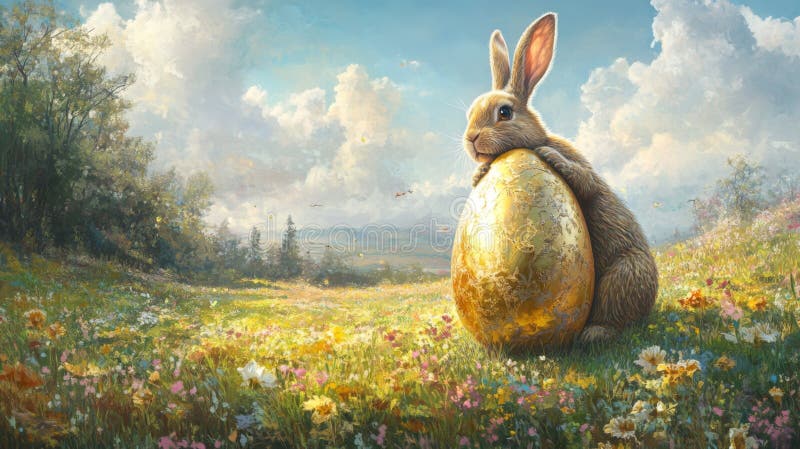 Brown Rabbit with Golden Egg in Sunny Spring Meadow Stock Illustration ...