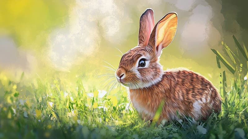 Brown Rabbit in Green Grass Meadow Stock Illustration - Illustration of ...