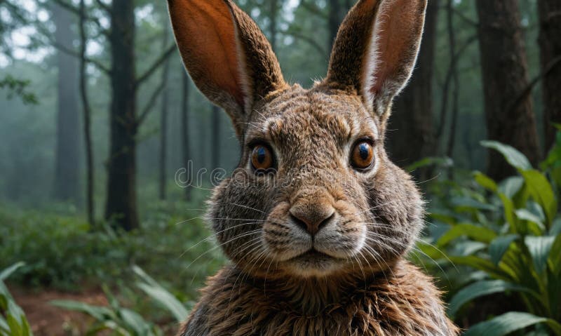 A Brown Rabbit with Large Ears Looks Directly at the Camera in a Forest ...