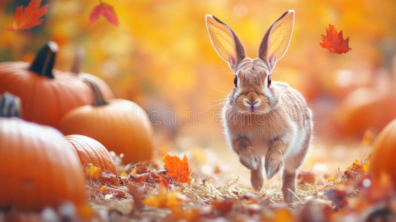Brown Rabbit Running through Fall Leaves and Pumpkins Stock ...