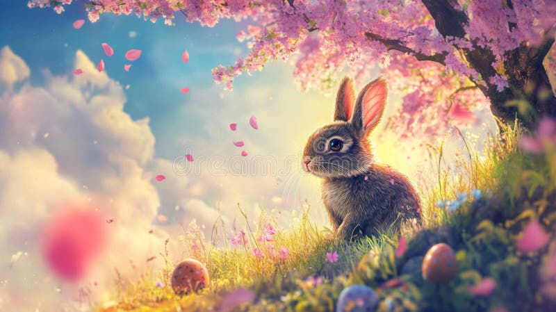 Brown Rabbit Under a Pink Cherry Blossom Tree Stock Illustration ...