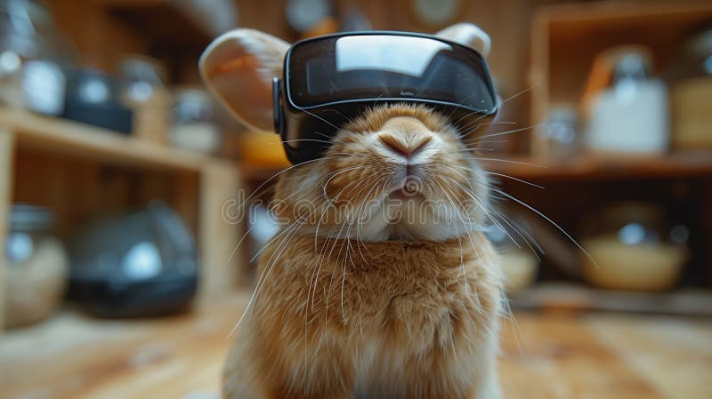 A Brown Rabbit Wearing Virtual Reality Glasses in a Home Setting Stock ...