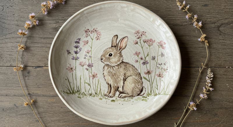 Brown Rabbit in Wildflowers on Ceramic Plate Stock Illustration ...