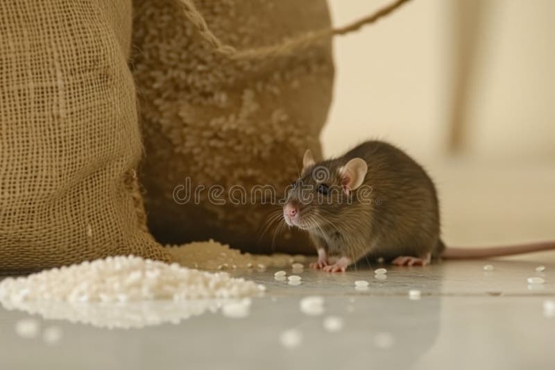 Brown Rat by a Spilled Bag of Rice on the Floor Stock Image - Image of ...