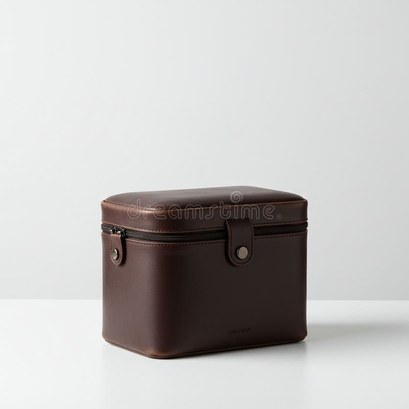 Brown Rectangular Leather Case with Rounded Edges, Featuring a Zipper ...