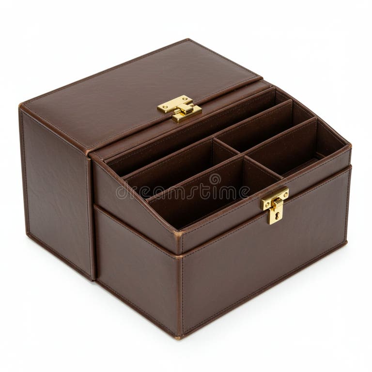 Brown Rectangular Leather Storage Box Featuring a Hinged Lid with a ...