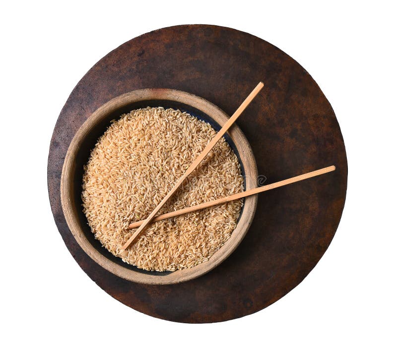 Brown Rice and Chop Sticks on Round Wood Table, Isolated on White ...