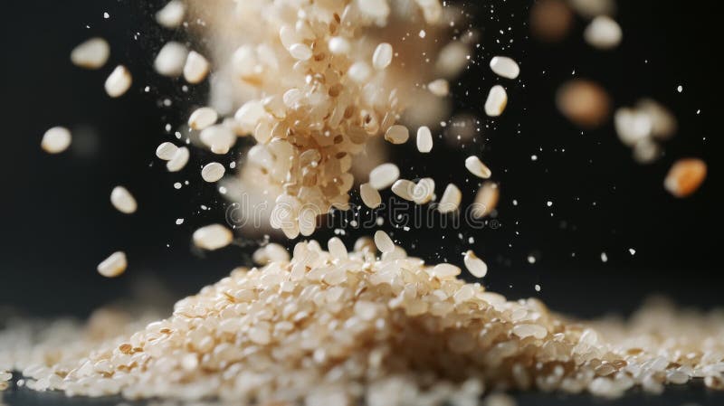 Brown Rice Grains Falling on Black Background Stock Illustration ...