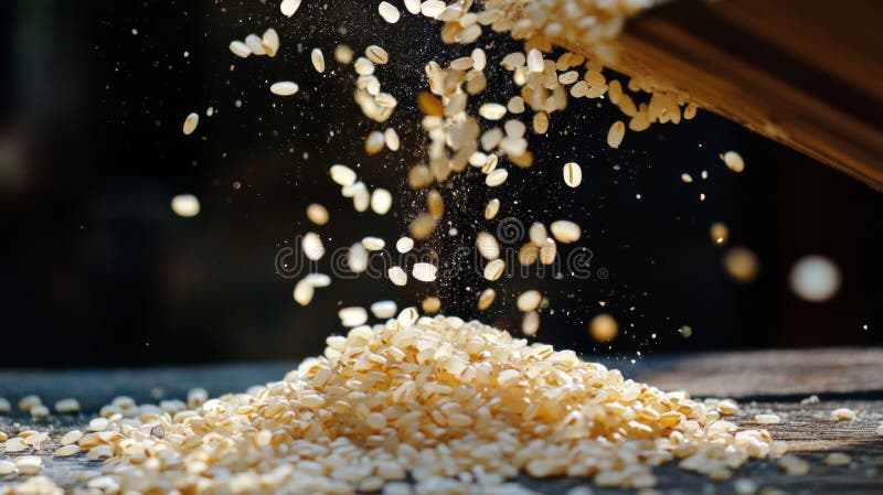 Brown Rice Grains Falling Onto Wooden Surface Stock Illustration ...