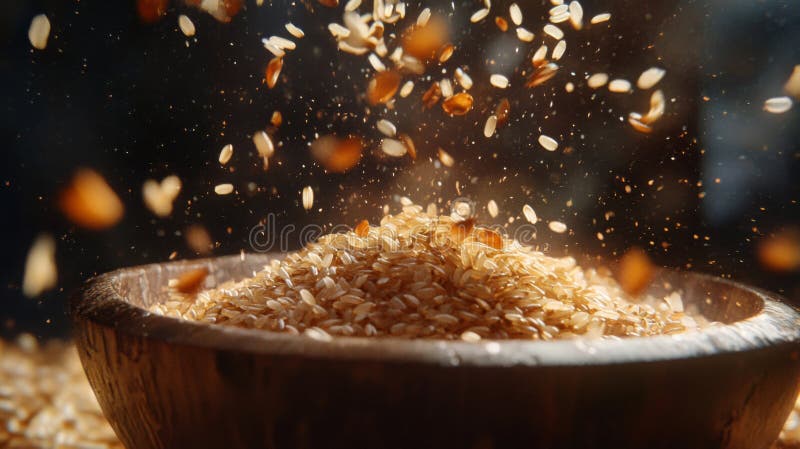Brown Rice Grains Falling into Wooden Bowl Stock Illustration ...
