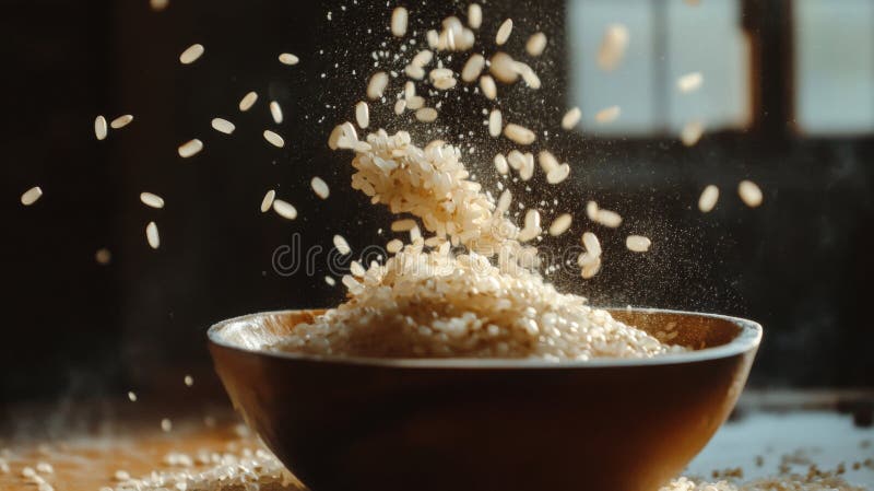 Brown Rice Grains Falling into Wooden Bowl Stock Illustration ...